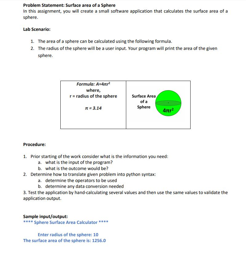 Solved Problem Statement: Surface area of a Sphere In this | Chegg.com