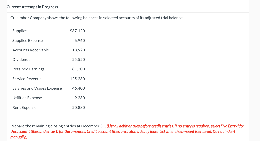 Solved Current Attempt in Progress Cullumber Company shows | Chegg.com