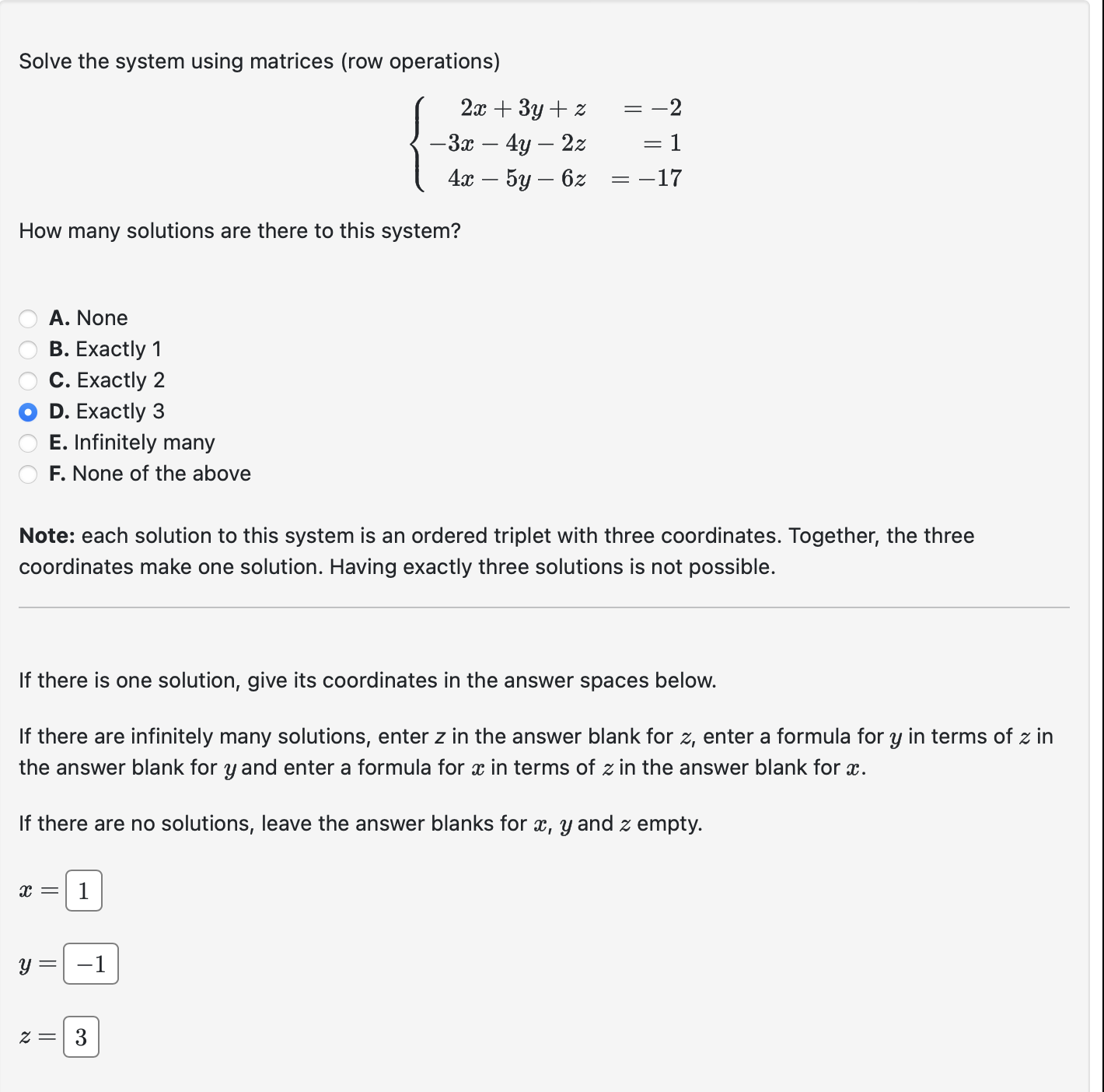 Solved Solve the system using matrices (row | Chegg.com