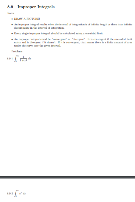 Solved 8.9 Improper Integrals Notes: • DRAW A PICTURE! . An | Chegg.com