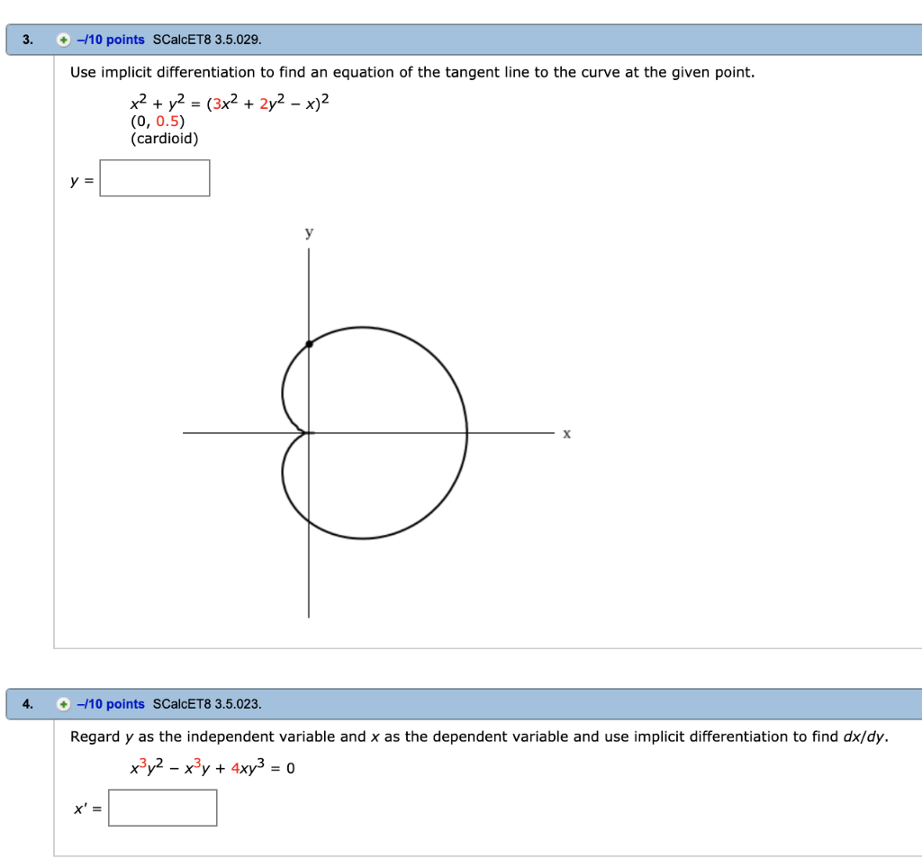 Solved 3. /10 points SCalcET8 3.5.029 Use implicit | Chegg.com Solved 3. /10 points SCalcET8 3.5.029 Use implicit | Chegg.com