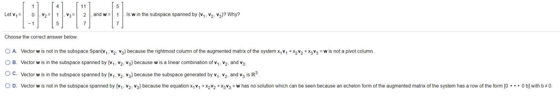 Solved 1 4 11 5 Let V15 0 V2 V3 = 2 and w= Is w in the | Chegg.com