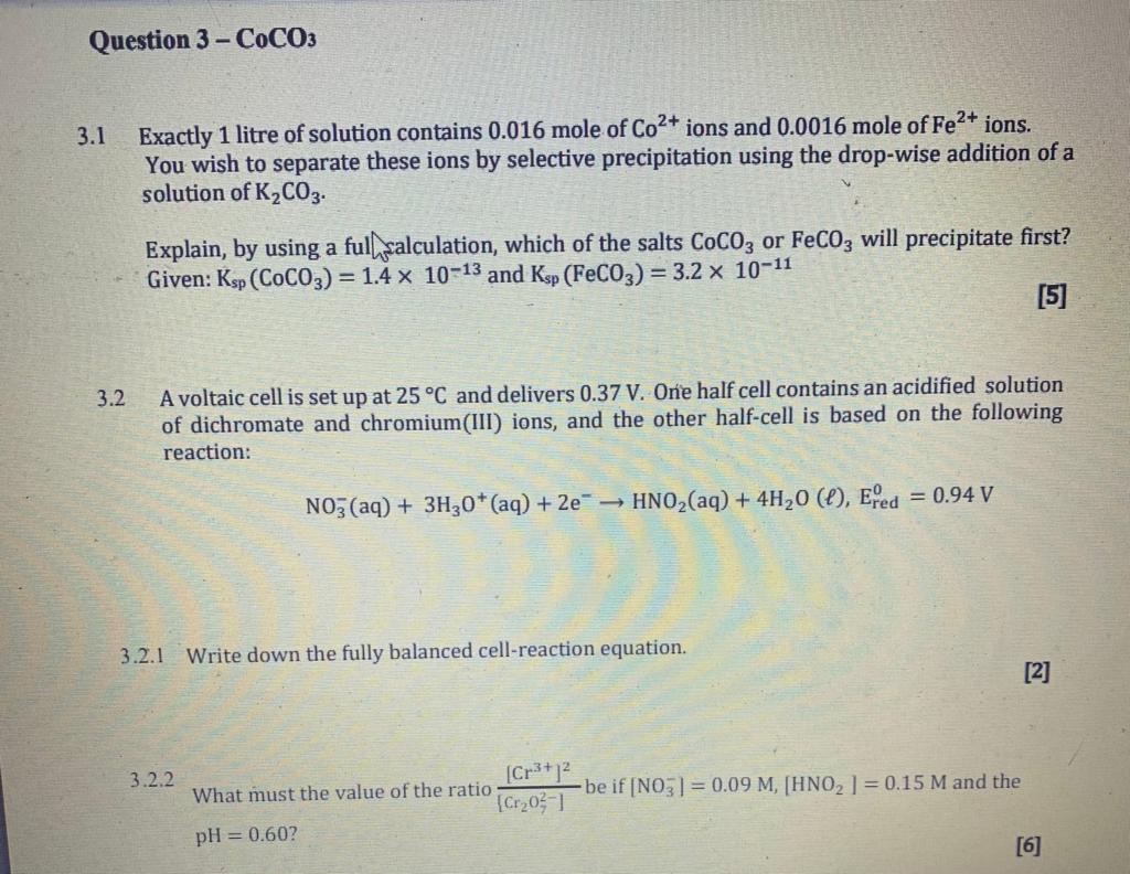 Solved Question 3 - COCO3 3.1 Exactly 1 litre of solution | Chegg.com