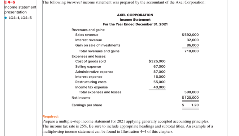 Solved E 4-5 The following incorrect income statement was | Chegg.com