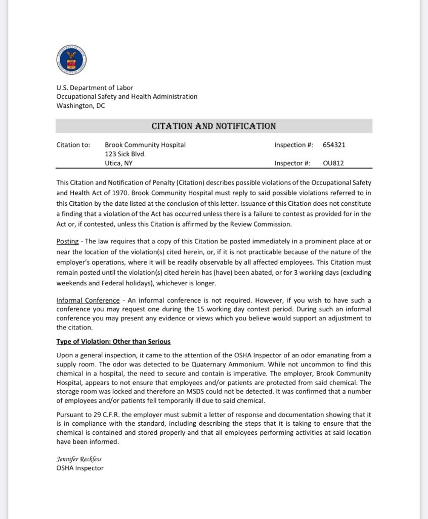 Solved BROOK COMMUNITY HOSPITAL : OSHA ISSUE Brook Community | Chegg.com
