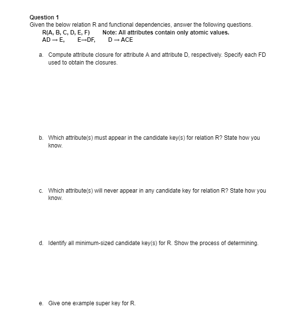 Solved Question 1 Given the below relation R and functional | Chegg.com