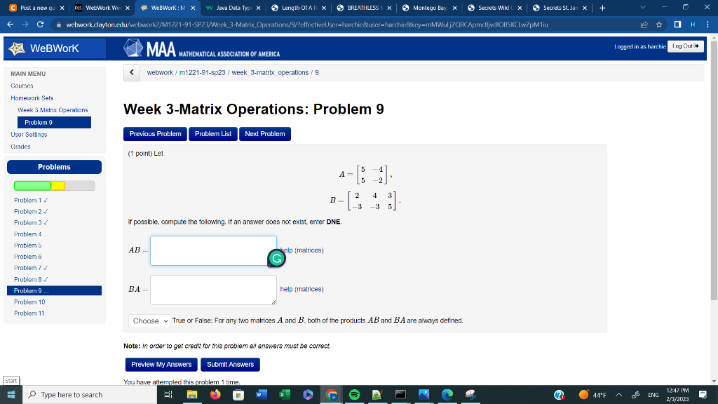 Solved Week 3-Matrix Operations: Problem 9 (1 point) Let | Chegg.com