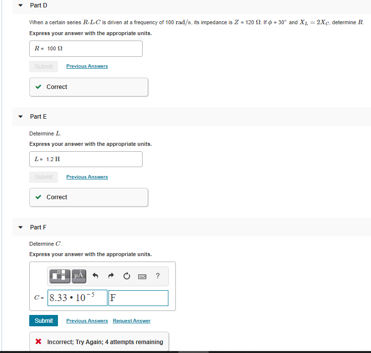 Solved The components of a series R-L-C circuit have values | Chegg.com