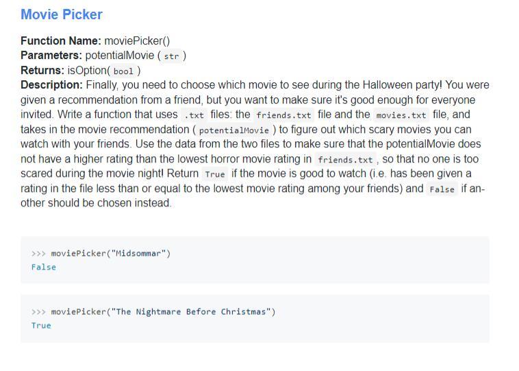 Solved Movie Picker Function Name: moviePicker() Parameters: | Chegg.com