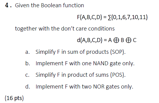 Solved ive n the Boolean fun ction F(A,B,C,D) | Chegg.com