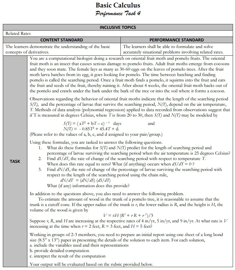 Solved Basic Calculus Performance Task 4 INCLUSIVE TOPICS | Chegg.com