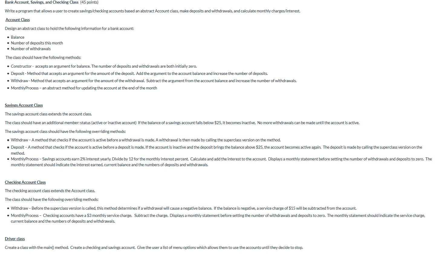 Solved Bank Account, Savings, and Checking Class (45 points) | Chegg.com