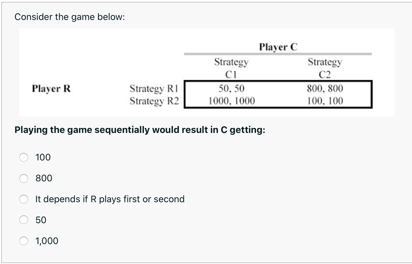 Solved Consider the game below: Player C Strategy СІ 50, 50 | Chegg.com