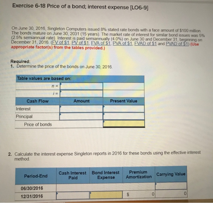 Solved Exercise 6-18 Price of a bond; interest expense | Chegg.com