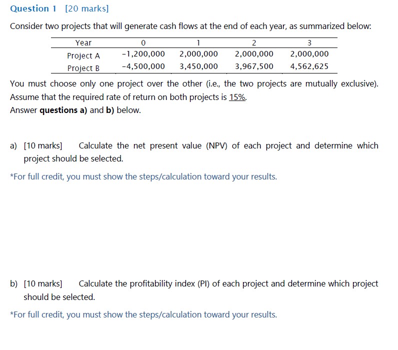 Solved Question 1 [20 ﻿marks]Consider two projects that will | Chegg.com
