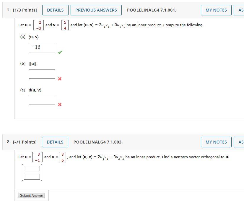 Solved 1. [1/3 Points] DETAILS PREVIOUS ANSWERS POOLELINALG4 | Chegg.com