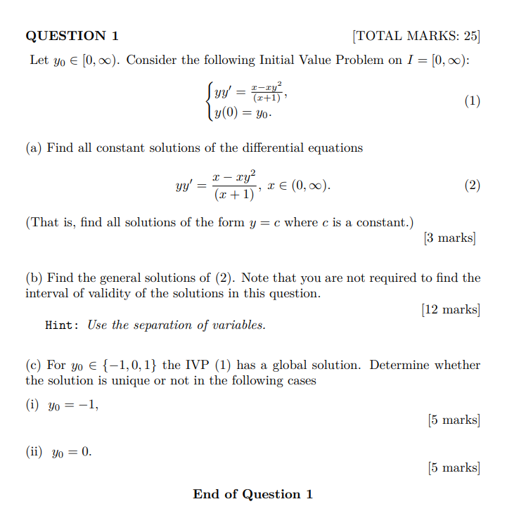 Solved QUESTION 1[TOTAL MARKS: 25]Let y0in[0,∞). ﻿Consider | Chegg.com