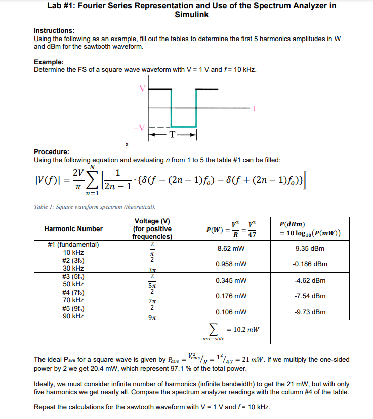 Lab \#1: Fourier Series Representation and Use of the | Chegg.com
