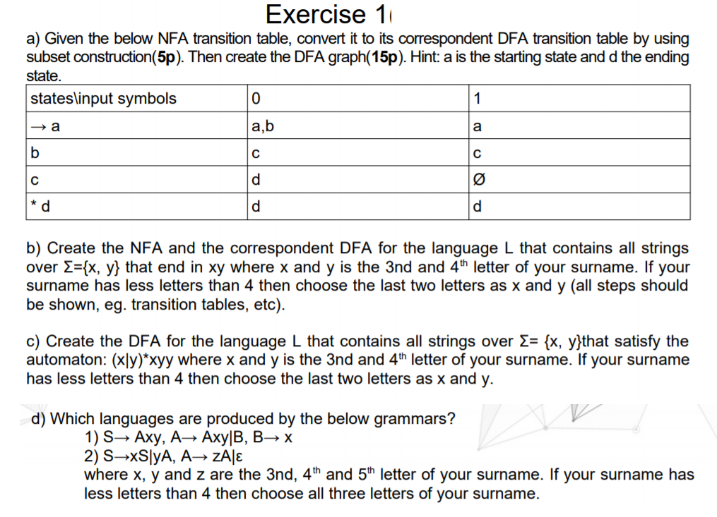 Solved Exercise 11 a) Given the below NFA transition table, | Chegg.com
