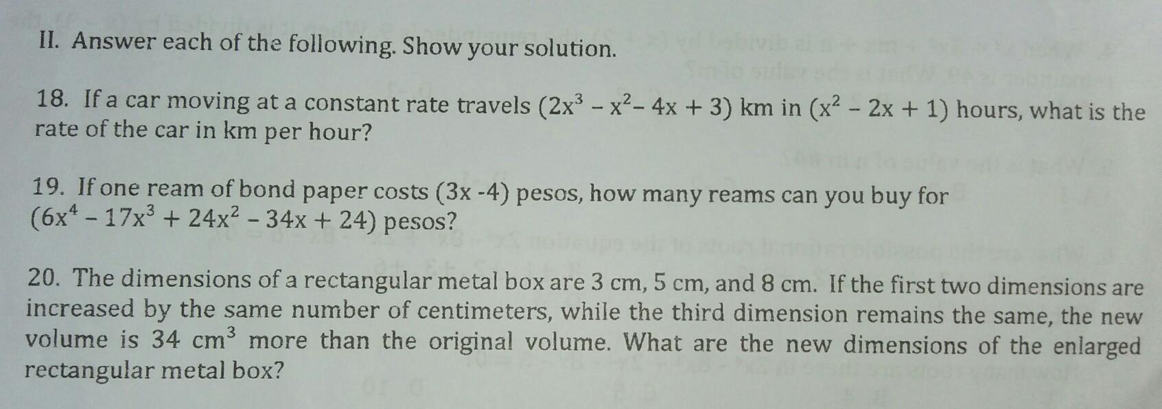 Solved II. Answer each of the following. Show your solution. | Chegg.com