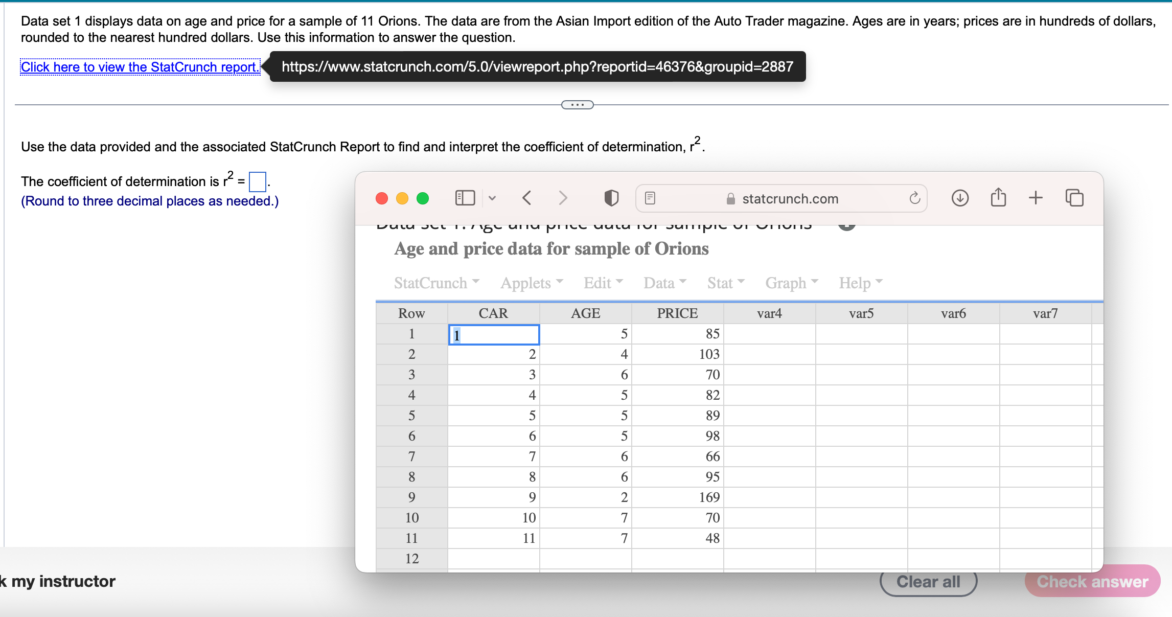 Solved Age and price data for sample of Orions StatCrunch > | Chegg.com