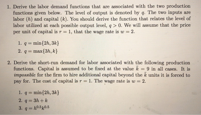 Solved 1. Derive the labor demand functions that are | Chegg.com