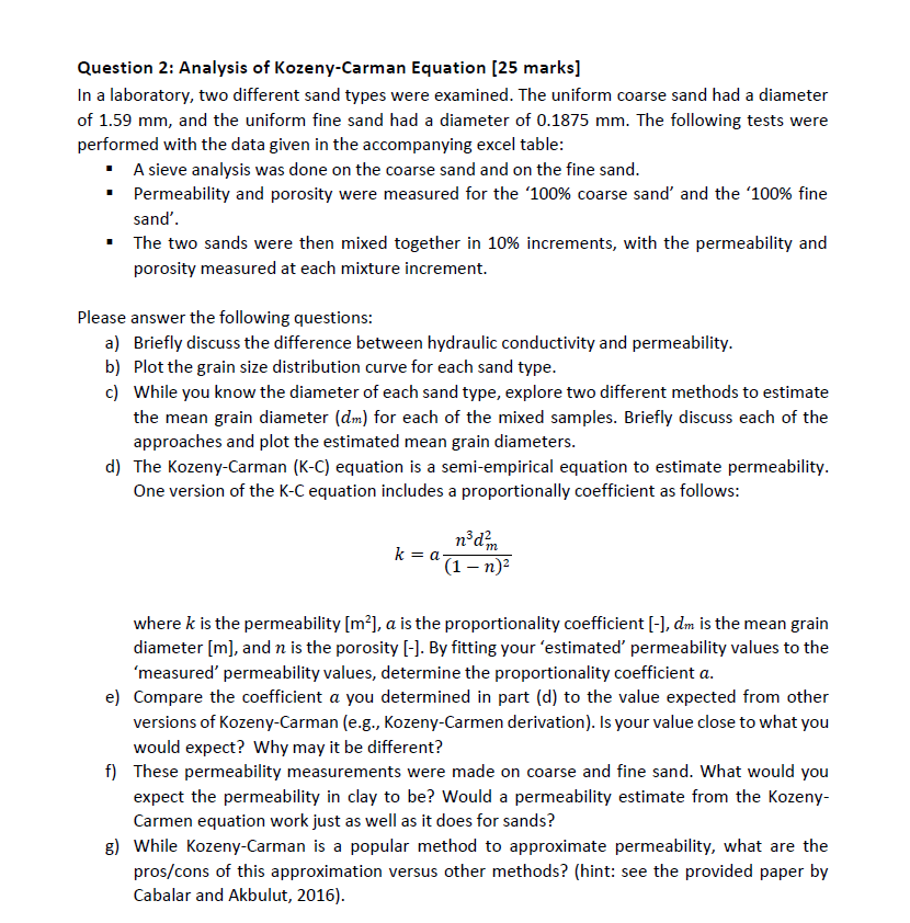 Question 2: Analysis of kozeny-Carman Equation (25 | Chegg.com