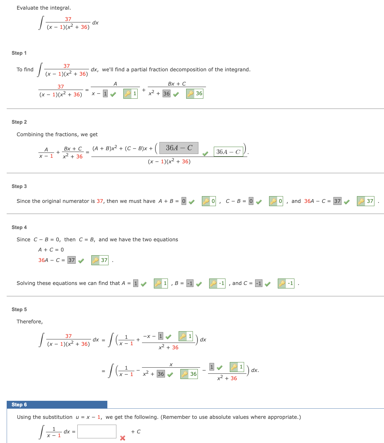 Solved Evaluate the integral.∫﻿﻿37(x-1)(x2+36)dxStep 1To | Chegg.com