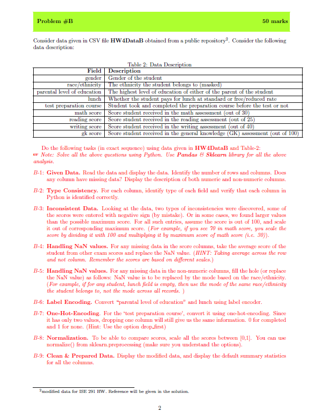 Solved Problem #B 50 marks Consider data given in CSV file | Chegg.com