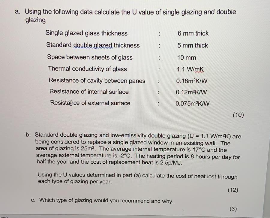 Solved a. Using the following data calculate the U value of | Chegg.com