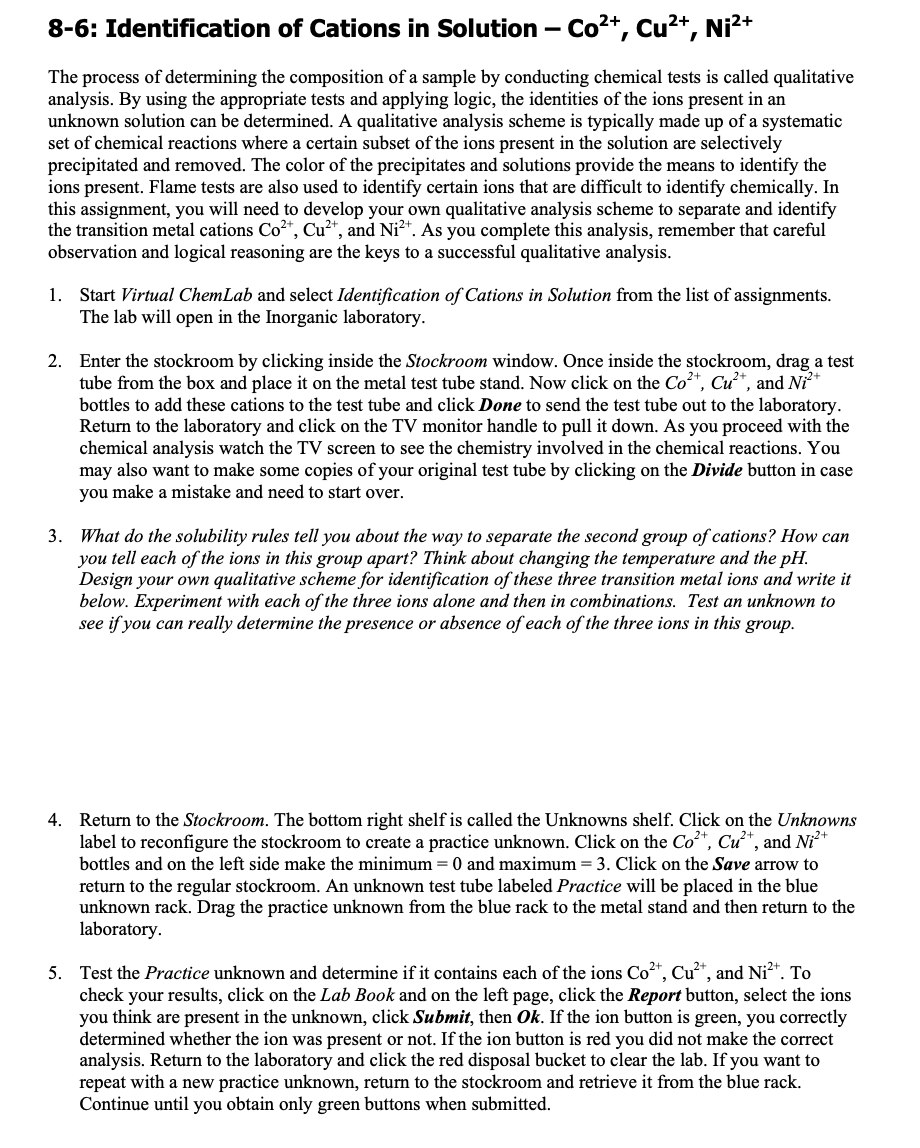 8-6: Identification of Cations in Solution | Chegg.com