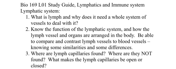 Solved Bio 169 L01 Study Guide, Lymphatics and Immune system | Chegg.com
