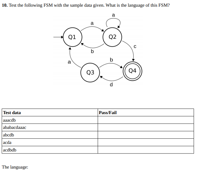 Solved 10. Test the following FSM with the sample data | Chegg.com