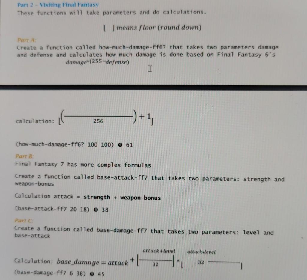 Solved Part 2 Visiting Final Fantasy These functions will | Chegg.com
