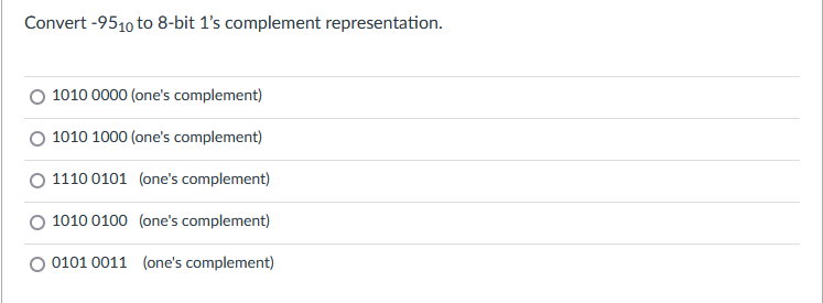 Solved Convert −9510 to 8-bit 1's complement representation. | Chegg.com