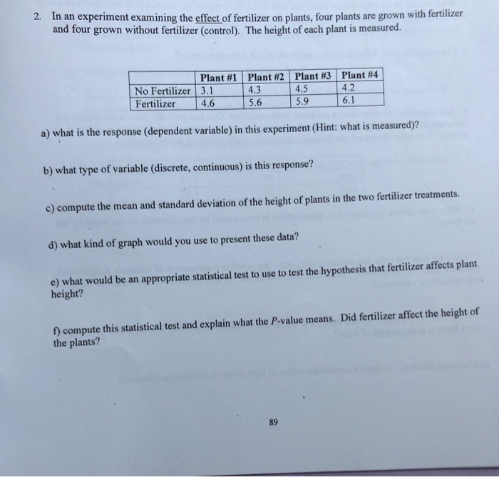 Solved 2. In an experiment examining the effect of | Chegg.com