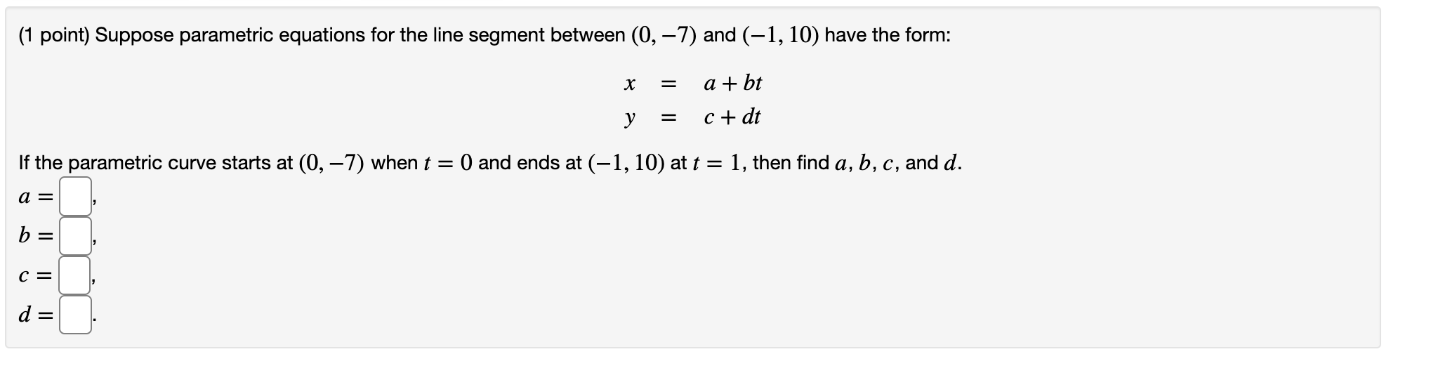 Solved (1 point) Suppose parametric equations for the line | Chegg.com
