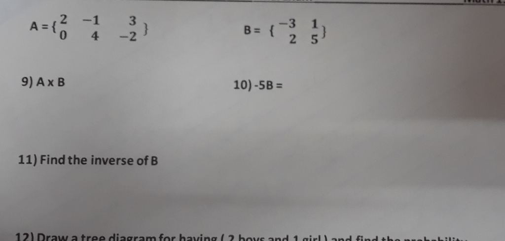 Solved A={ -1 3. -2 } B= { 2 9) AXB 10) -5B = 11) Find the | Chegg.com