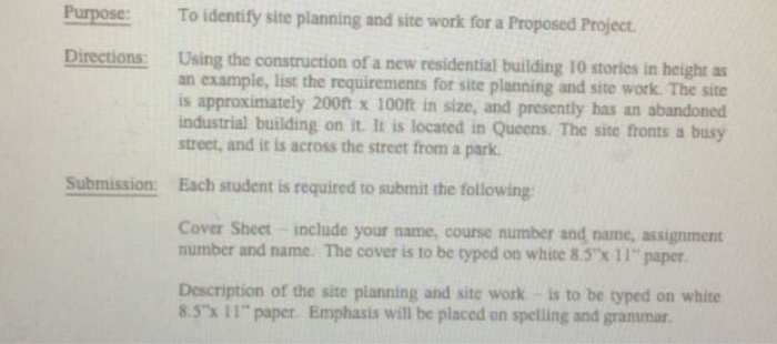 Solved Purpose: Directions To identify site planning and | Chegg.com