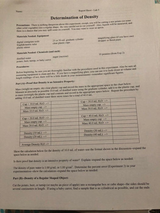 Name: Report Sheet - Lab S Determination of Density | Chegg.com