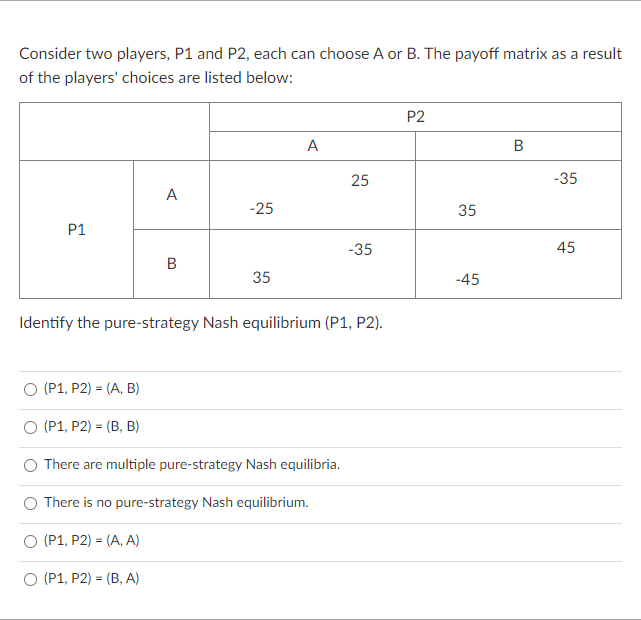 Solved Consider two players, P1 and P2, each can choose A or | Chegg.com