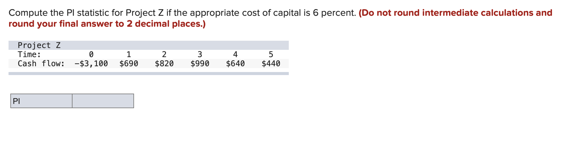 Solved Compute the PI statistic for Project Z if the | Chegg.com