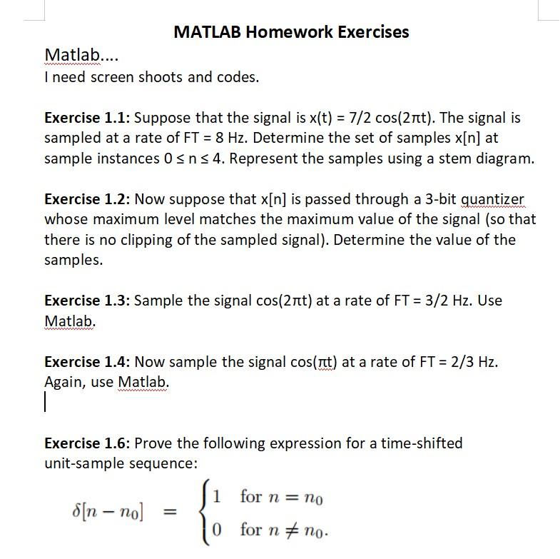 Solved Matlab... I need screen shoots and codes. Exercise | Chegg.com