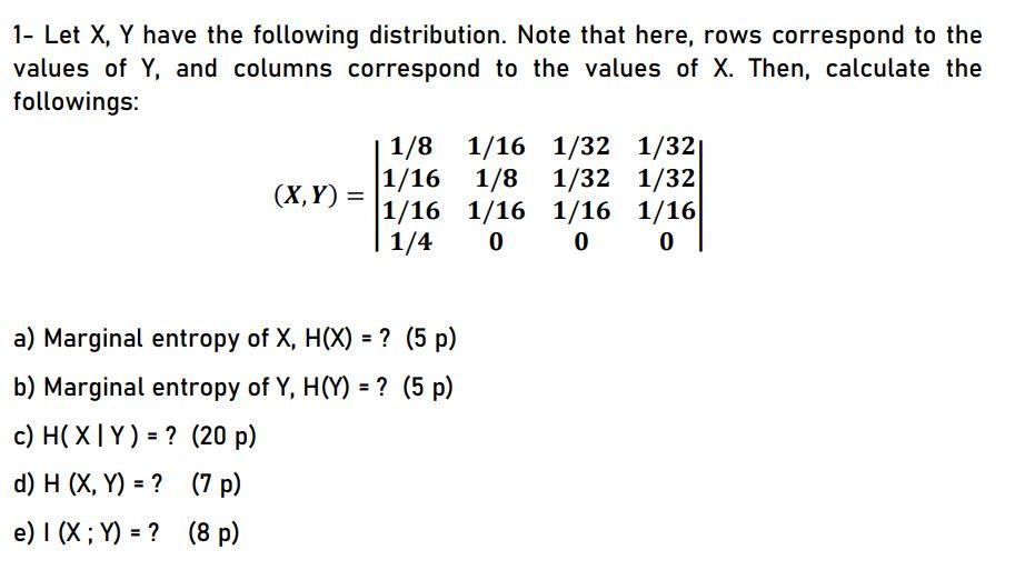 [Solved]: 1- Let ( X, Y ) have the following distributio