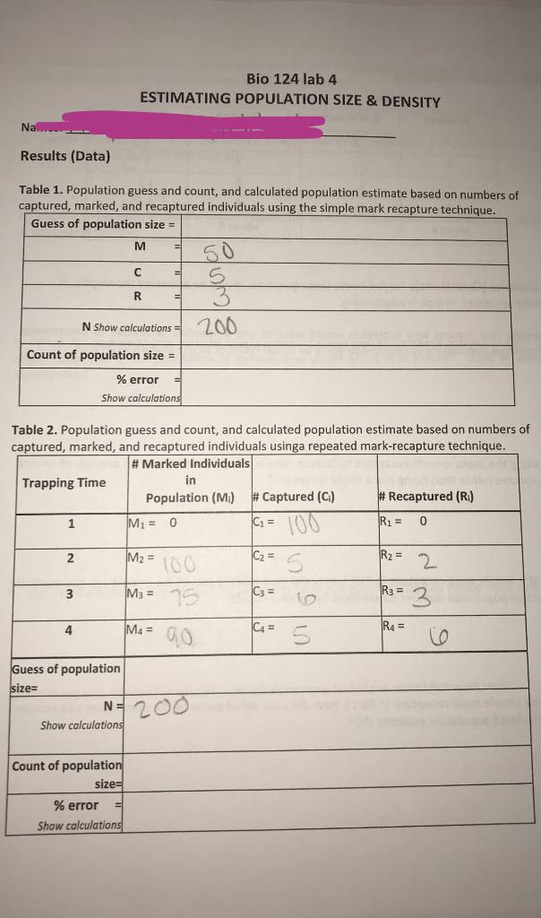 Bio 124 lab 4 ESTIMATING POPULATION SIZE & DENSITY | Chegg.com