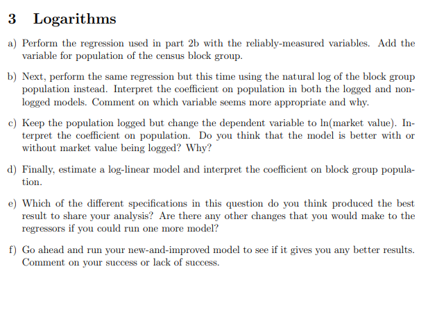 Solved 3 Logarithms a) Perform the regression used in part 2 | Chegg.com