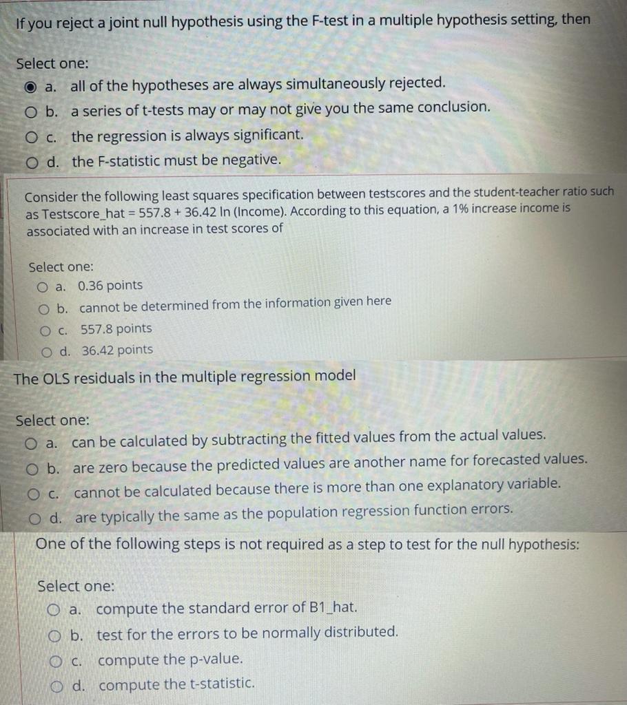 Solved If you reject a joint null hypothesis using the | Chegg.com