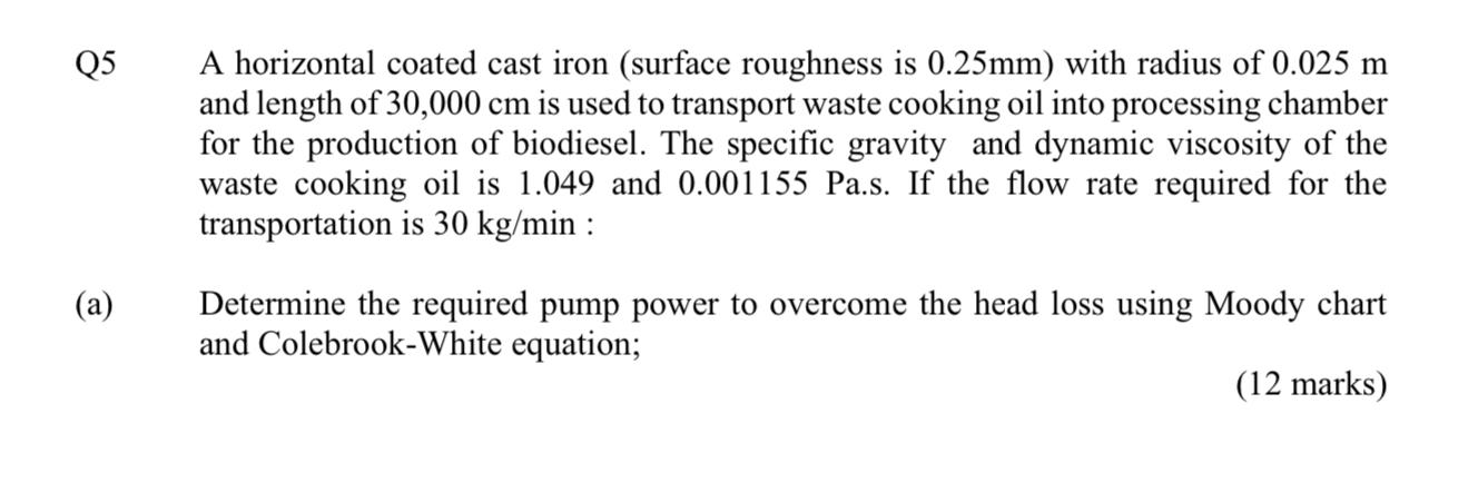 Solved Q5 A horizontal coated cast iron (surface roughness | Chegg.com