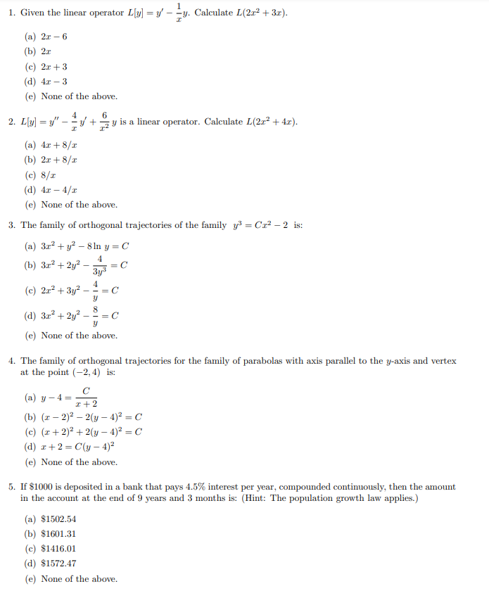 Solved 1. Given the linear operator L[y]=y′−x1y. Calculate | Chegg.com