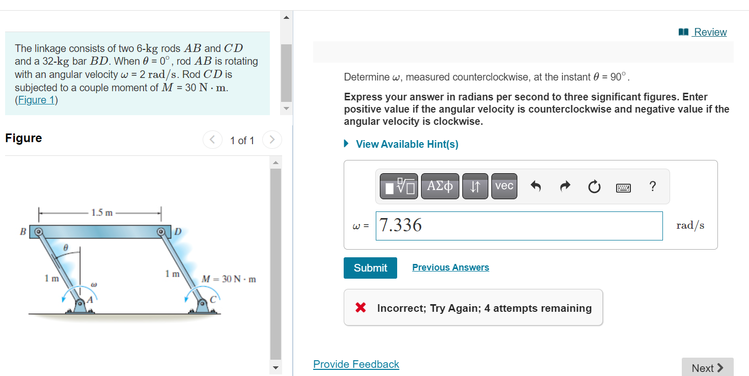 Solved The linkage consists of two 6−kg rods AB and CD and a | Chegg.com